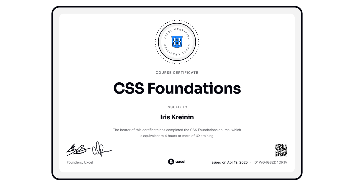 Certificate of completion for CSS Foundations | Uxcel